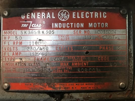 50 HP 1180 RPM General Electric, Frame 365T, TEFC, surplus, 230/460 ...