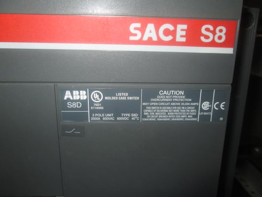 2000 Amps, ABB, S8D, SACE S8,3P, 600 Volts, manually operated, part ...
