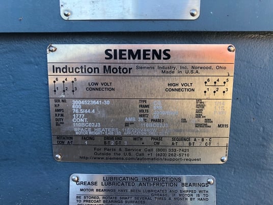 600 HP 1777 RPM Siemens, Frame 588, weather protected enclosure type 1 ...