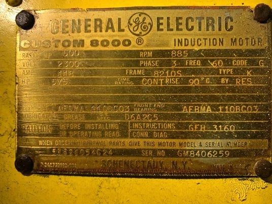 500 HP 900 RPM General Electric, Frame 8210S, Drip-Proof Ball Bearing ...