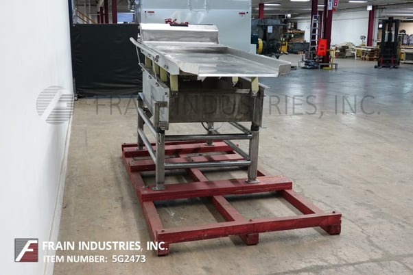 34" wide x 9.4' long, Meyer Stainless Steel vibratory conveyor, 2-3/4" sidewalls, Quadra ...