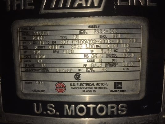 200 HP 1785 RPM U.S. Motors, Frame 5006P, weather protected enclosure ...