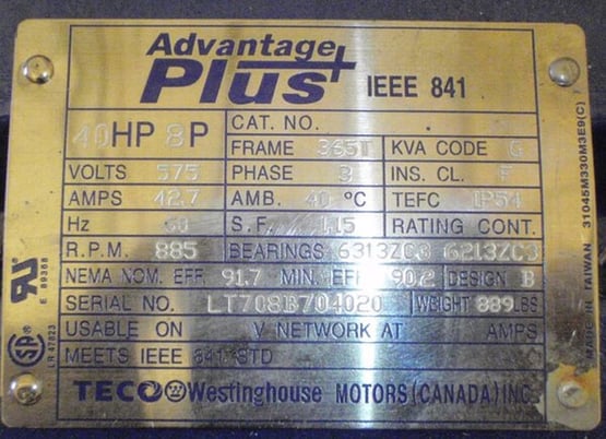 40 HP 885 RPM Teco West, Frame 365T, 1.15 service factor, new surplus ...