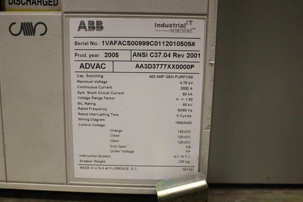 3000 Amps, ABB, ADVAC, 5 KV, 60 KA (2 available) For Sale | Surplus Record