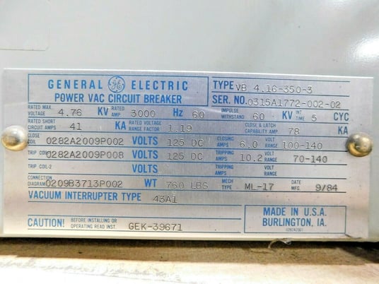 3000 Amps, General Electric, VB-4.16-350-3, Power Vac circuit breaker ...