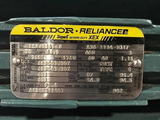 75 HP 1780 RPM Baldor / Reliance, Frame 365T, mdl. FCP4316T-4, 460 ...