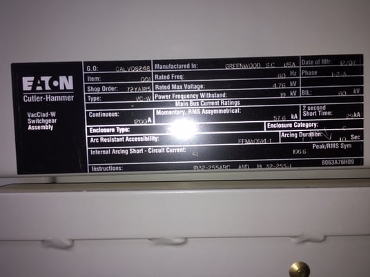 Eaton Arc resistant switchgear, 5 KV, 1200 Amps [ 4 Sections ] c/w ...