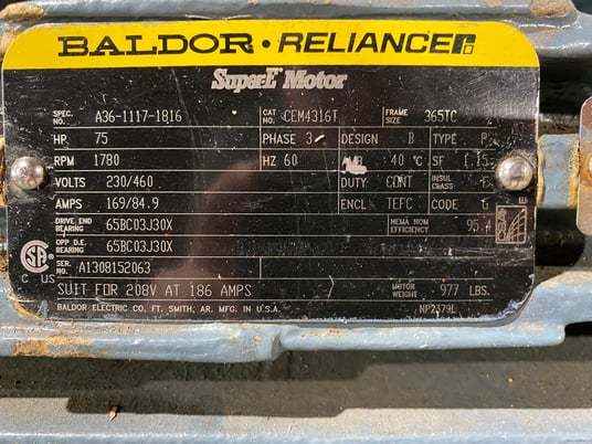 75 HP 1780 RPM Baldor, Frame 365TC 230/460 Volts for Sale | Surplus Record