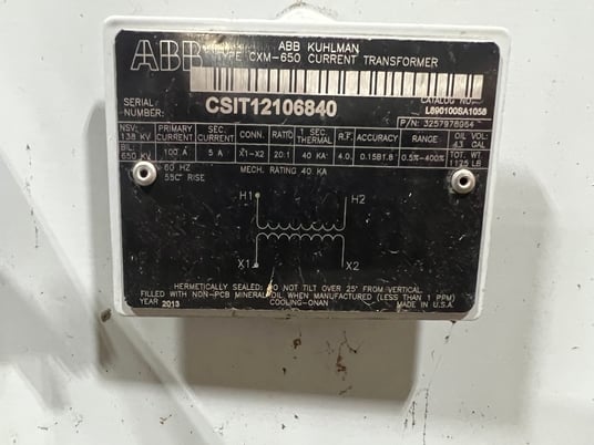 138 kV, 100/5A, ABB, CXM-650, .15 Metering Accuracy, 650kV BIL, unused ...