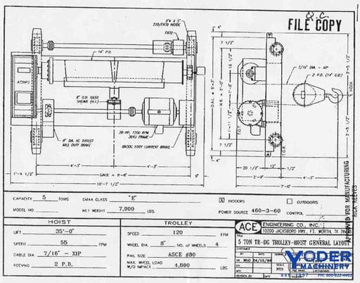 5 Ton, Ace #A75, trolley hoist, 8' 6" spread, 35' lift, 7/16" XIP hoist ...