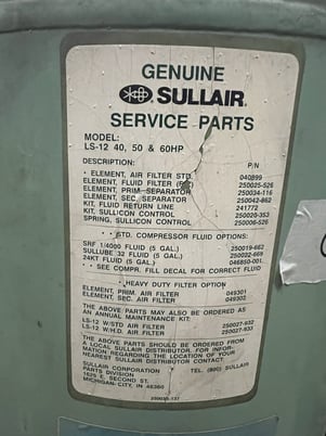 250 cfm, 100/110 psig, Sullair #LS-12-50L-ACAC, 50 HP, air cooled, 1995 ...