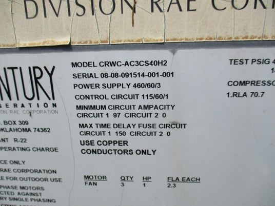 400 Ton, Century #CRWC-AC3CS40H2, chiller, air cooled, water cooled for ...