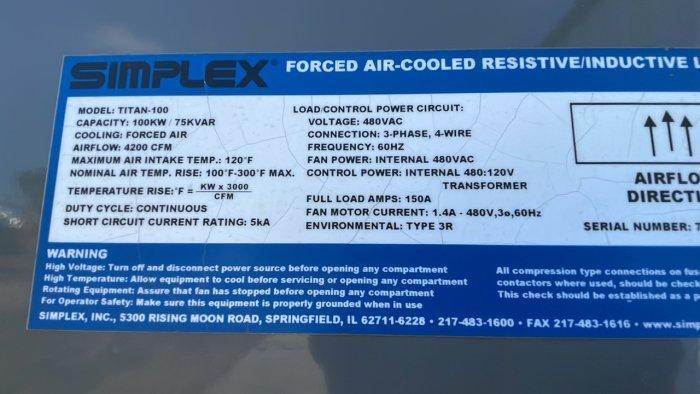 Simplex #TITAN-100, Forced Air-cooled Resistive/inductive Load Bank ...