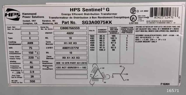 75 KVA 480 Primary, 227 Secondary, Hammond HPS #Sentinal-G Transformer for Sale | Surplus Record
