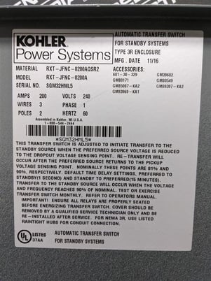 200 Amp. Kohler RXT-JFNC-0200AQSR2, automatic transfer switch, 1 phase ...