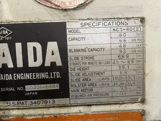 66 Ton, Aida #NC1-60, 6.69" stroke, 15.1" die height, 45-85 SPM, 34.2 ...