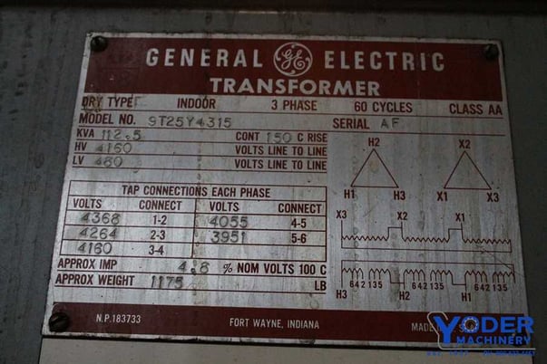 112 KVA 4160 Primary, 480 Secondary, General Electric transformer, dry ...
