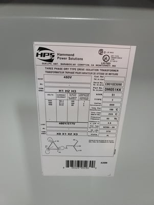 51 KVA 480 Delta Primary, 480Y/277 Secondary, Hammond Power #DM051KK ...