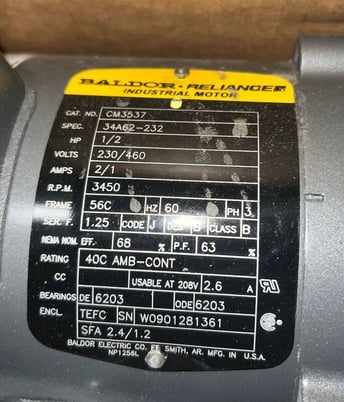 1/2 HP 3450 RPM Baldor #CM3537, Three Phase General Purpose Motor ...