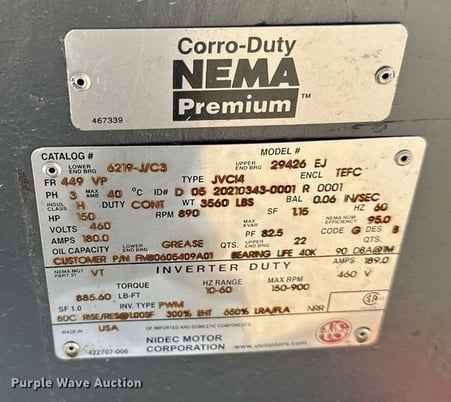 150 HP 890 RPM US Motor, Frame 449VP, TEFC, 1.15 service factor, 300% ...