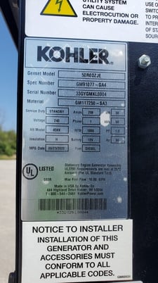 50 KW Kohler #50REOZJE, diesel generator, J Deere 4045TF280,240 Volts ...