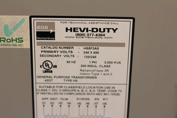 3 KVA 240x480 Primary, 120/240 Secondary, EGS HS5F3AS, 1 phase ...