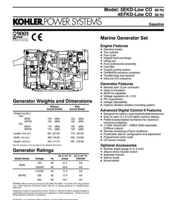 5 KW Kohler #5EKD, gasoline marine generator set, 60Hz, 120 Volts, s/n ...