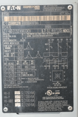2500 KVA 12470 Primary, 2x460 Delta Secondary, Eaton Cooper Cooper ...