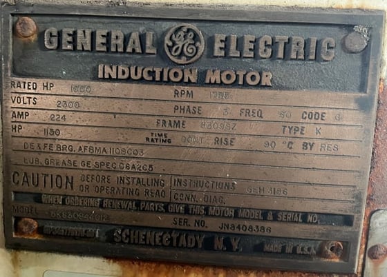 1000 HP 1800 RPM General Electric, Frame 8309SZ, Drip-Proof Ball ...