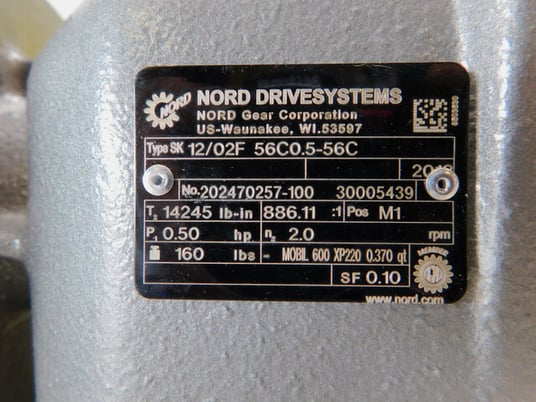 1/2 HP 2 RPM Nord #SK 12/02F 56C0.5-56C, Inline Helical Gearmotor, 886. ...