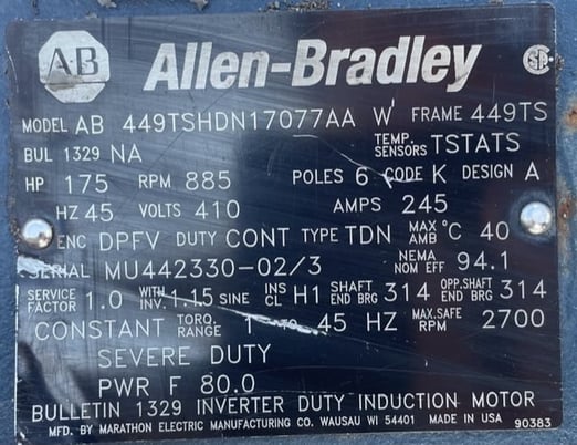 200 HP 1200 RPM Marathon, Frame 449TS, DPFVBB, 410 Volts for Sale ...