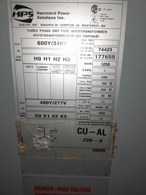 1250 KVA 600/347 Primary, 480/277 Secondary, Hammond, Autotransformer ...