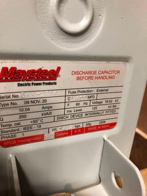 200 KVAR Maysteel, 19920 Volts, 2-bushing, 19.92 kv, single phase ...