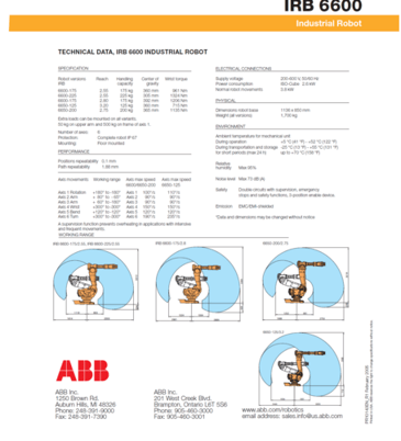 ABB robot arm, IRB 6650-125/3.2, 125" reach, 6-Axis, 275 lb., 4 robots ...