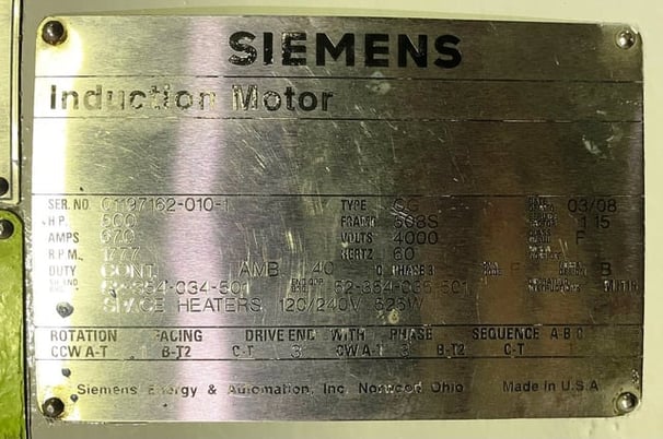 500 HP 1800 RPM Siemens, Frame 508S, DPSB, 4000 Volts for Sale ...
