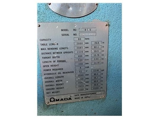 80 Ton, Amada #RG-80S, CNC press brake, Dynabend III Control, 1987 for ...