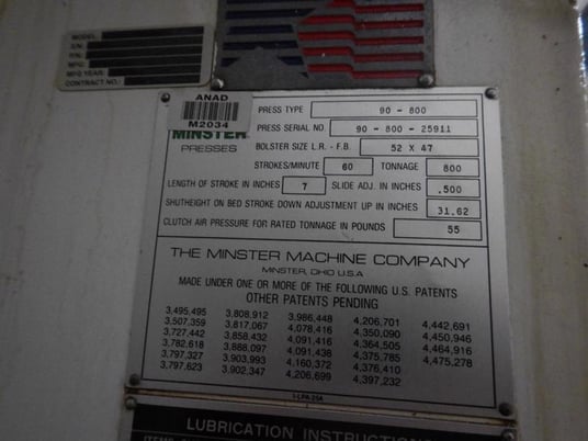 800 Ton, Minster #90-800, knuckle joint press, 7" stroke, 31.62" Shut ...