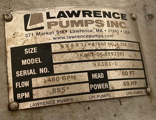 1400 GPM @ 80' TDH, Lawrence #KA01-06-EE92381, vertical cantilever ...