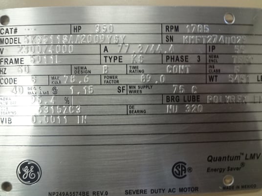 350 HP 1800 RPM General Electric, Frame 5010/5011L, TEFC BB, new, 2300/ ...