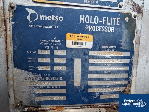 12" x 14' Metso HoloFlite Twin Screw Dryer, Stainless Steel, 150 psi ...