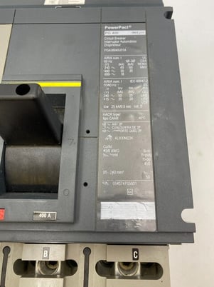 400 Amps, Square D, PGA36040U31A, PowerPact PG400, I-Line Circuit Breaker, 3P, 600 Volts 3 phase ...