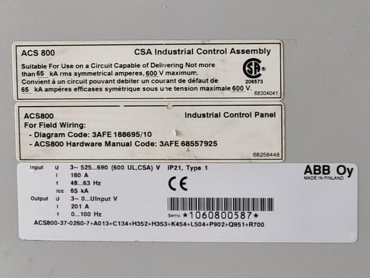 200 HP ABB, ACS800-37-0260-7, Variable Frequency Drive (VFD), 600 Volts ...