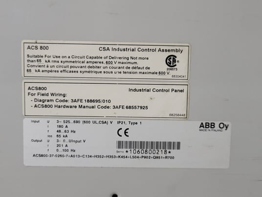 200 HP ABB, ACS800-37-0260-7, Variable Frequency Drive (VFD), 600 Volts ...