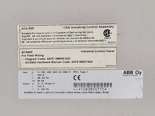 300 HP ABB, ACS800-37-0400-7, Variable Frequency Drive (VFD), 600 Volts ...