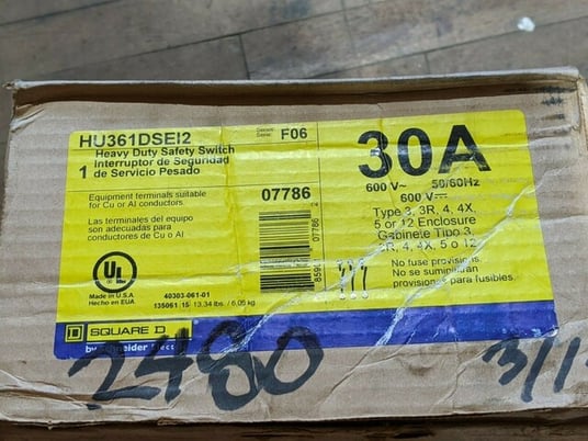 30 Amp. Square D, HU361-DSEI2, Safety Disconnect Switch, 3 Pole, 30 HP ...