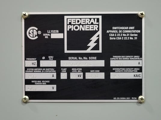 Federal Pioneer, Switchgear Unit, 1200 Amp, 4760 V, 3 phase, 23 kA ...