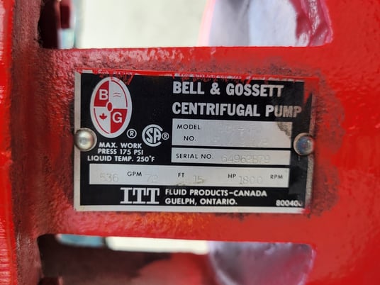 536 GPM @ 72' TDH, Bell & Gossett #80F-BFW, Centrifugal Pump, 15 HP ...