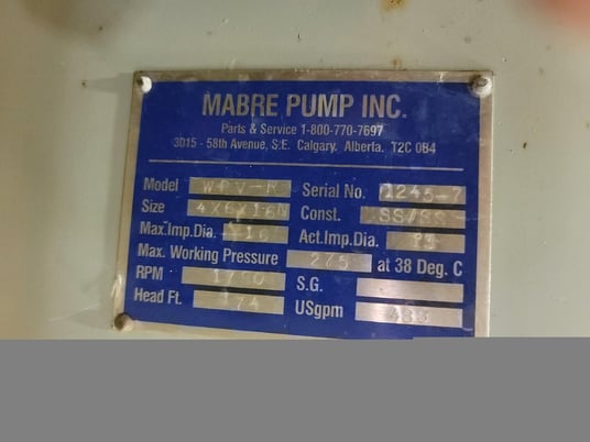 488 GPM @ 174' TDH, Mabre Pump #WPV-R, Centrifugal Process Pump, 1780 ...