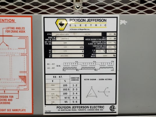 330 KVA 575 Primary, 460/266 Secondary, Polygon Jefferson Electric ...