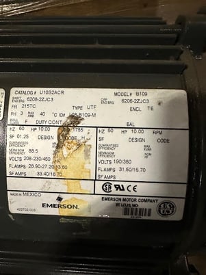 10 HP 1755 RPM Emerson, Frame 215TC, 208-230/460 Volts, Squirrel Cage ...